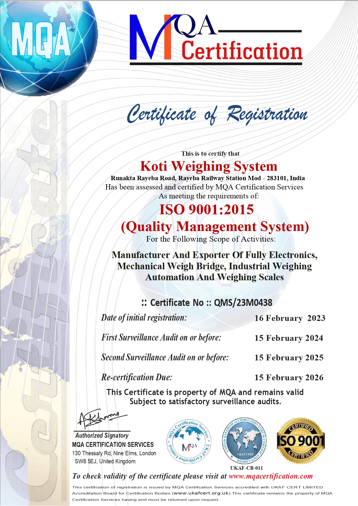 Koti weighing system